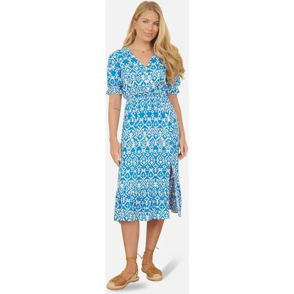 YUMI Geometric Print Puff Sleeve Midi Dress - Blue