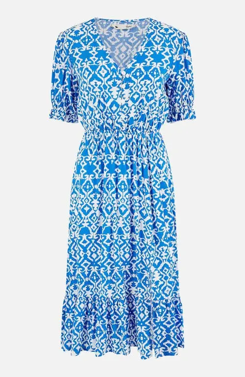 YUMI Geometric Print Puff Sleeve Midi Dress