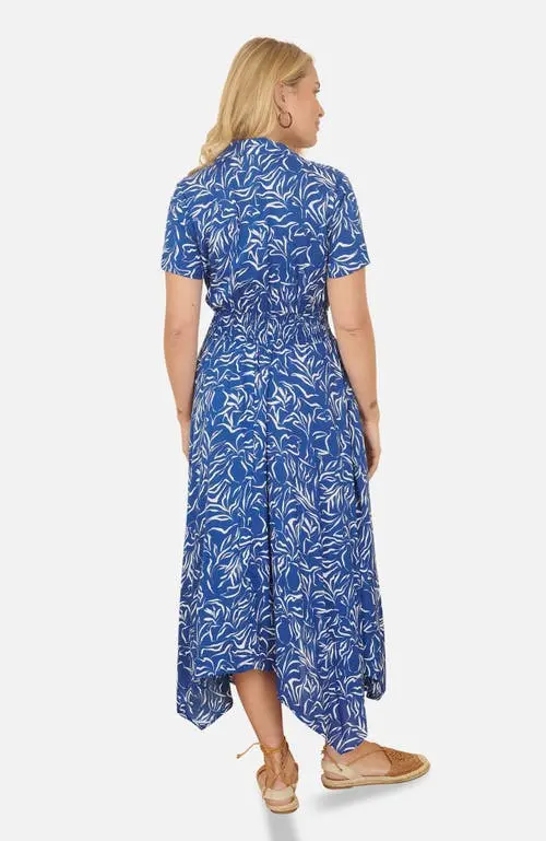 YUMI Printed Midi Shirt Dress With Ruching - Blue