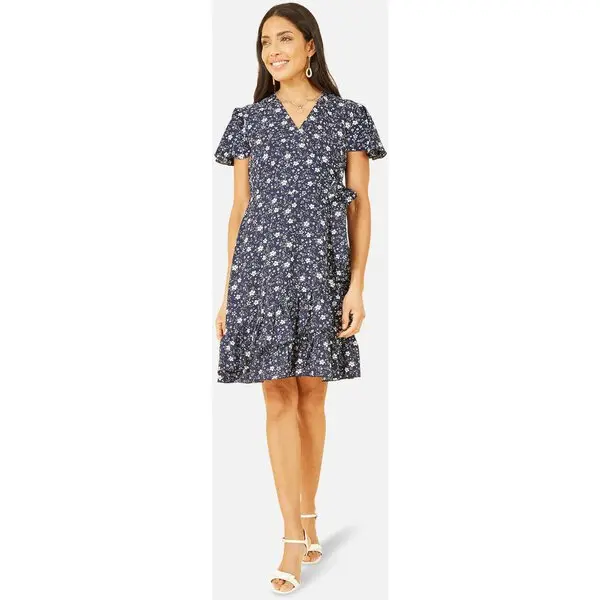 YUMI Ditsy Floral Wrap Frill Dress - Navy