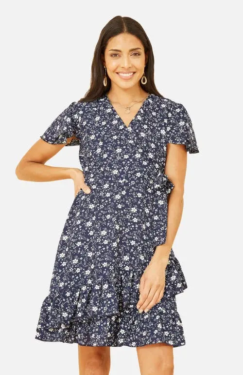 YUMI Ditsy Floral Wrap Dress With Ruffled Sleeves And Hem