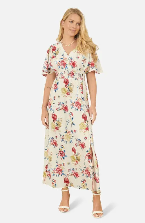 YUMI Ruched Waist V-neck Midi Dress