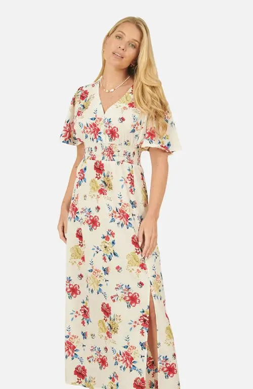YUMI Ruched Waist V-neck Midi Dress