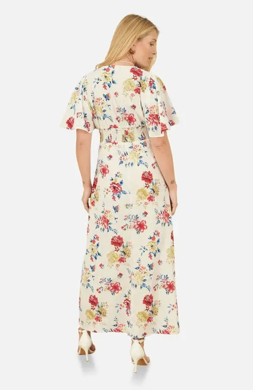 YUMI Ruched Waist V-neck Midi Dress