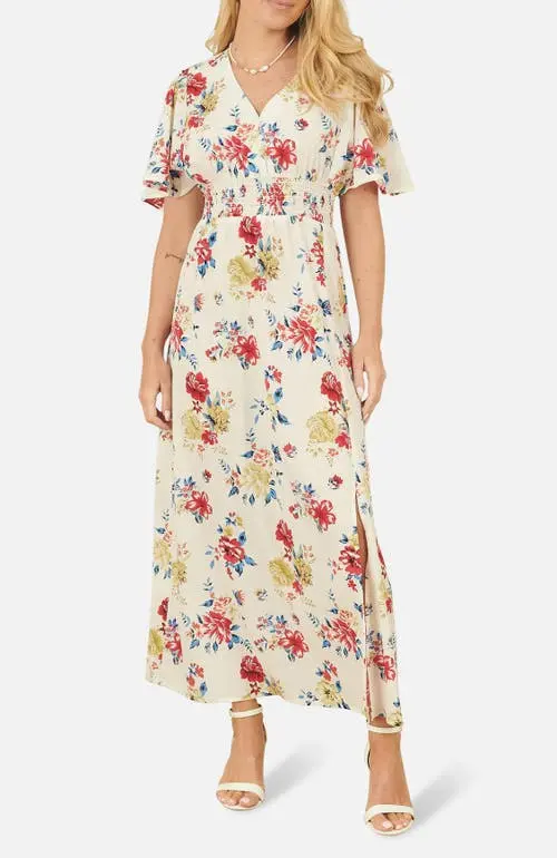 YUMI Ruched Waist V-neck Midi Dress