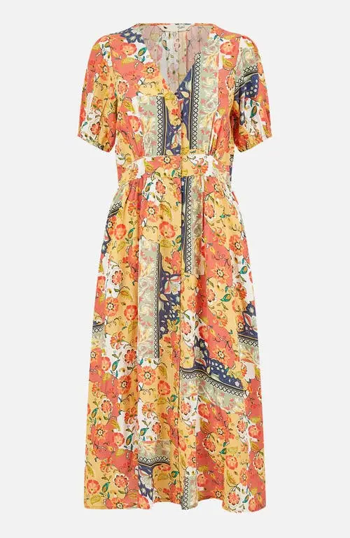 YUMI Floral Patchwork Print Midi Shirt Dress