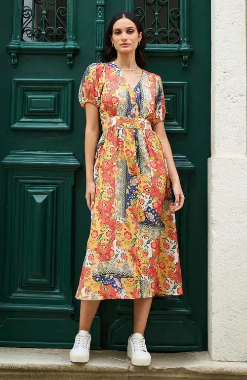 YUMI Floral Patchwork Print Midi Shirt Dress