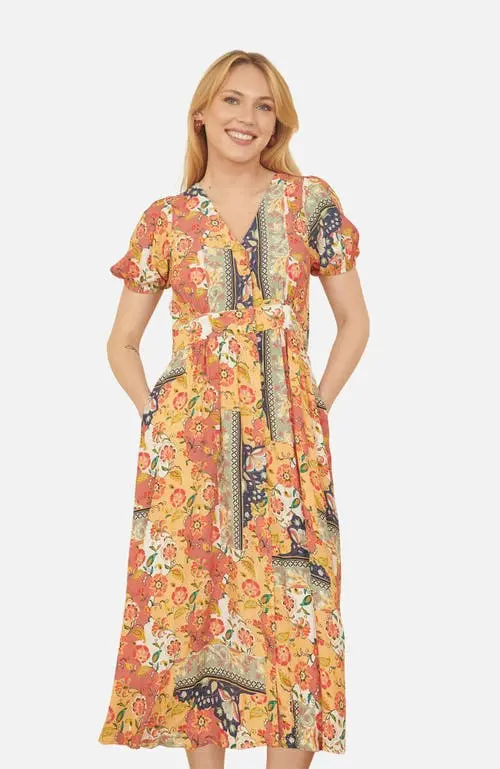YUMI Floral Patchwork Print Midi Shirt Dress - Multi