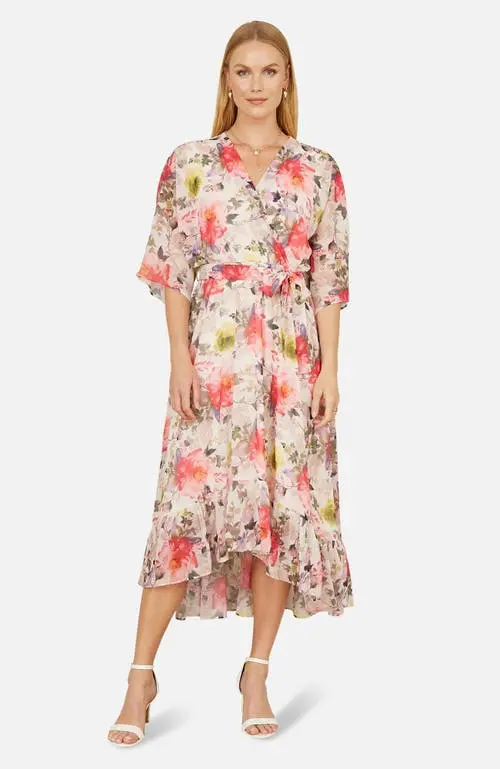 YUMI Floral Ruffle-hem Wrap Midi Dress - Ivory