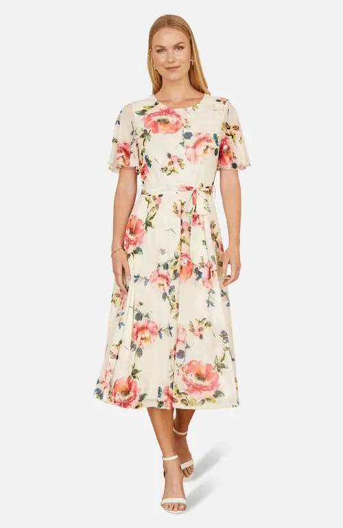 YUMI Mesh Floral Print Midi Dress - Ivory