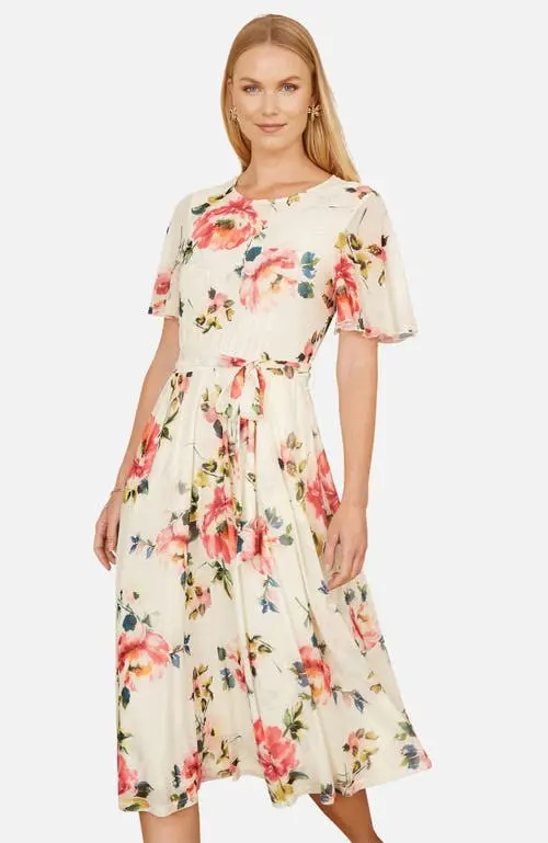 YUMI Floral Print Mesh Midi Dress