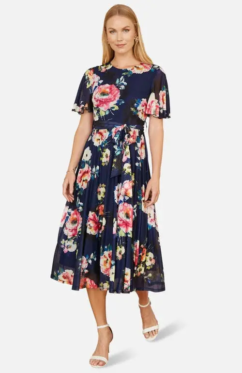YUMI Floral Print Mesh Midi Dress - Navy