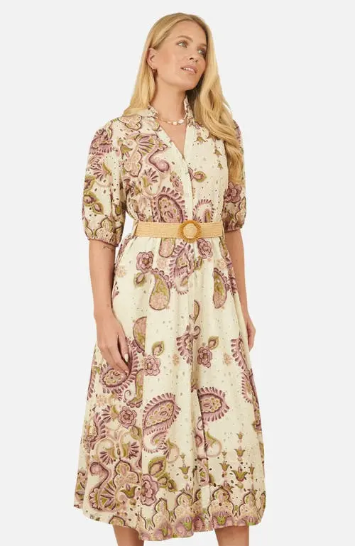 YUMI Broderie Anglaise Cotton Midi Shirt Dress