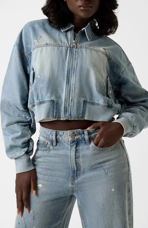 Guess Anna Distressed Crop Bomber Jacket - Denim