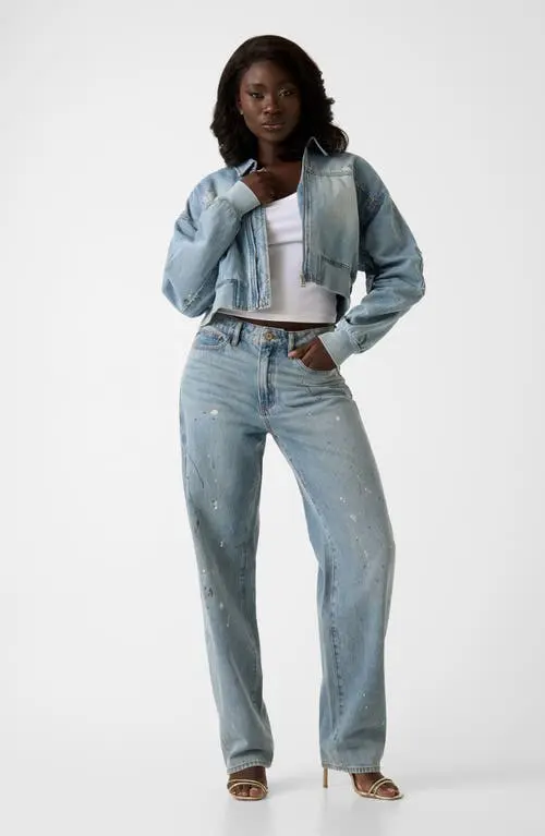 Guess Anna Distressed Crop Bomber Jacket - Denim