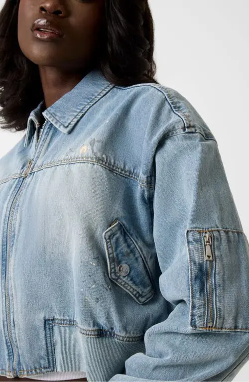 Guess Anna Distressed Crop Bomber Jacket - Denim