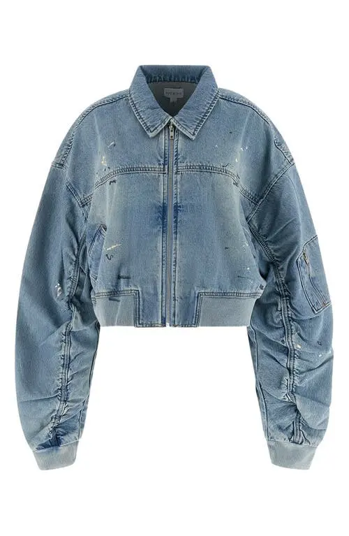Guess Anna Distressed Crop Bomber Jacket - Denim