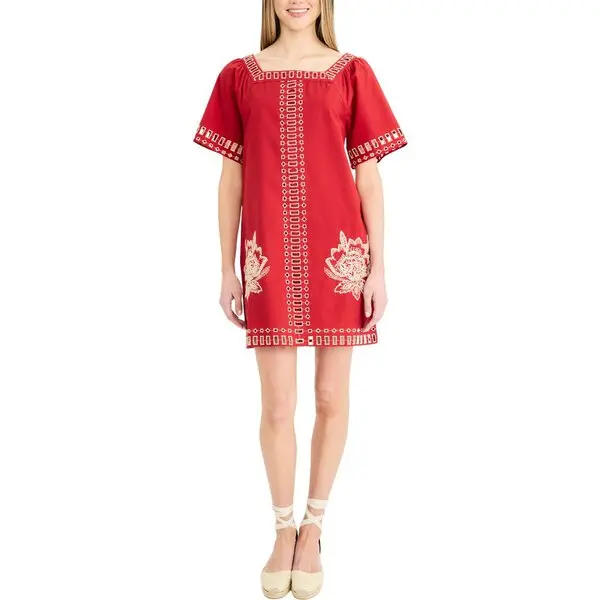 THE GOOD JOURNEY Embroidered Shift Dress - Red/beige
