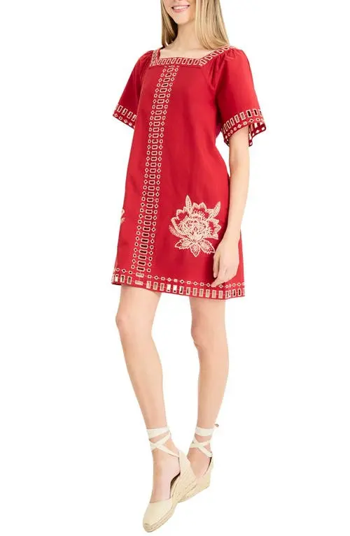 THE GOOD JOURNEY Embroidered Shift Mini Dress - Red/beige