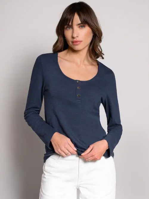CELTIC & CO. Slub Jersey Scoop Neck Henley Top - Dark Navy