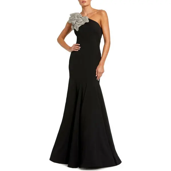 Mac Duggal Crepe One Shoulder Gown With Floral Detail - Black
