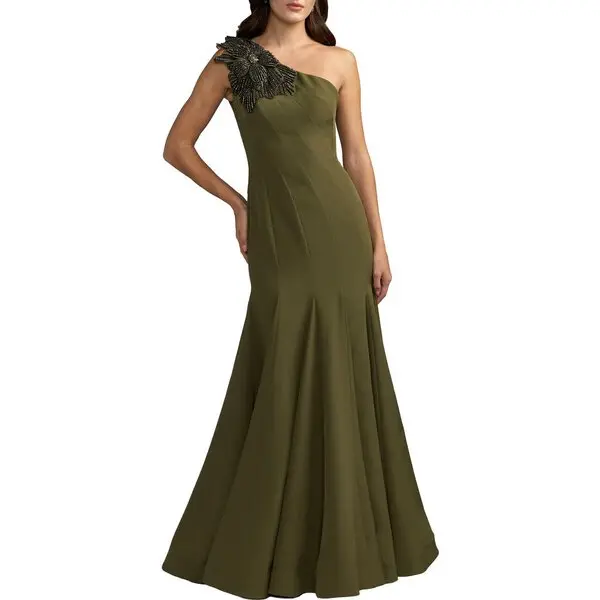 Mac Duggal Petite Crepe One-shoulder Gown - Olive