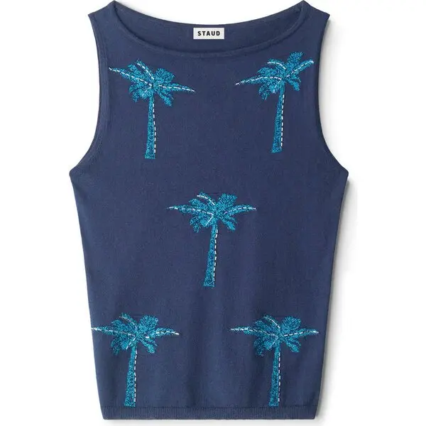 Staud Arden Embroidered Palm Tree Top - Navy