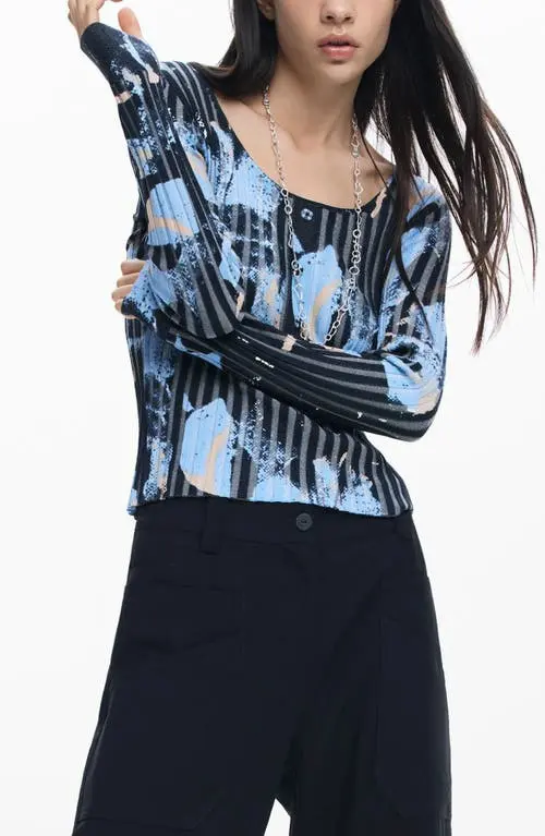 Desigual Abstract Print Rib Top - Blue