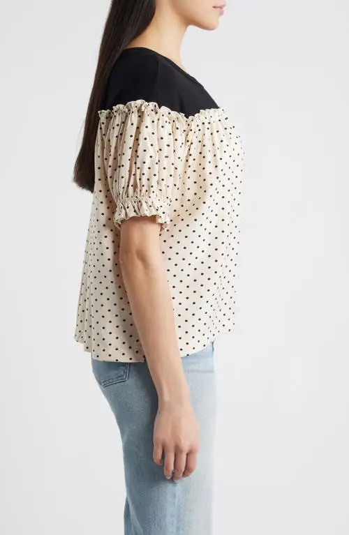Loveappella Contrast Yoke Puff Sleeve Top - Ivory/black