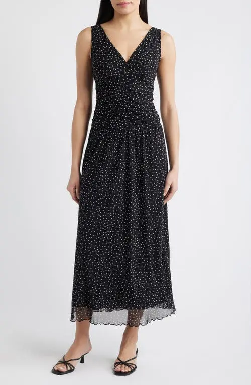 Loveappella Polka Dot Ruched Maxi Dress - Black