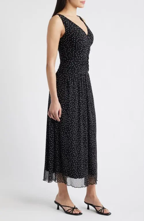 Loveappella Polka Dot Ruched Maxi Dress - Black
