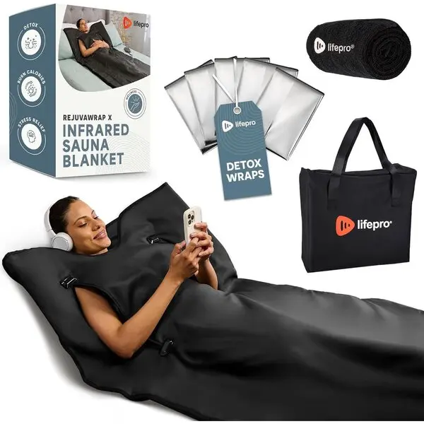 LIFEPRO Rejuvawrap Infrared Sauna Blanket For Detox & Relaxation Low Emf Carbon Fiber Heating 9temp Levels - With Arm Holes