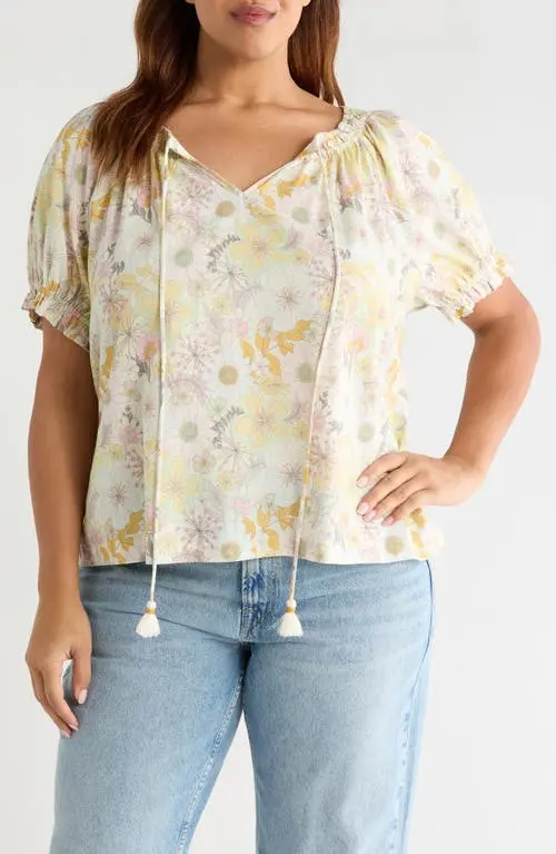 LIVERPOOL Floral Gathered Split Neck Top