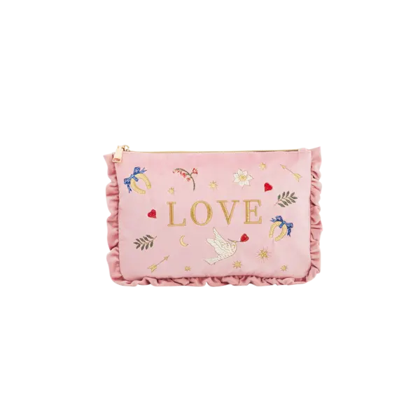 FABLE ENGLAND Love Scatter Velvet Embroidered Pouch - Light/pastel Pink