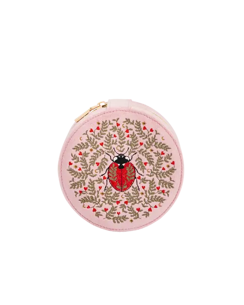 FABLE ENGLAND Ladybird Velvet Embroidered Circle Jewellery Box - Light/pastel Pink