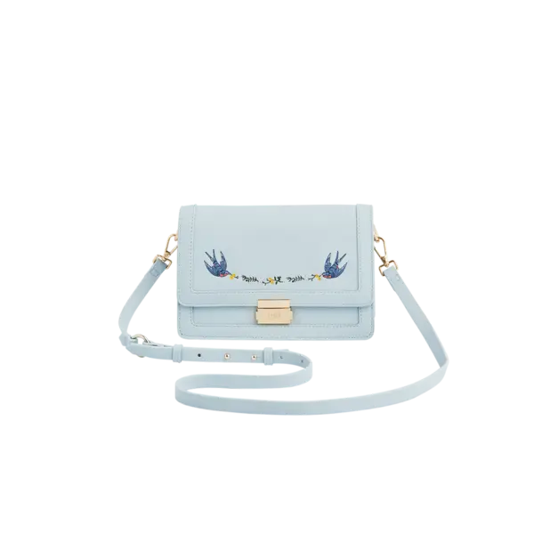 FABLE ENGLAND Bird Embroidered Foldover Purse - Light/pastel Blue