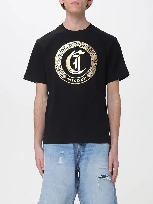 Just Cavalli Cotton T-shirt With Laminated Logo - Black
