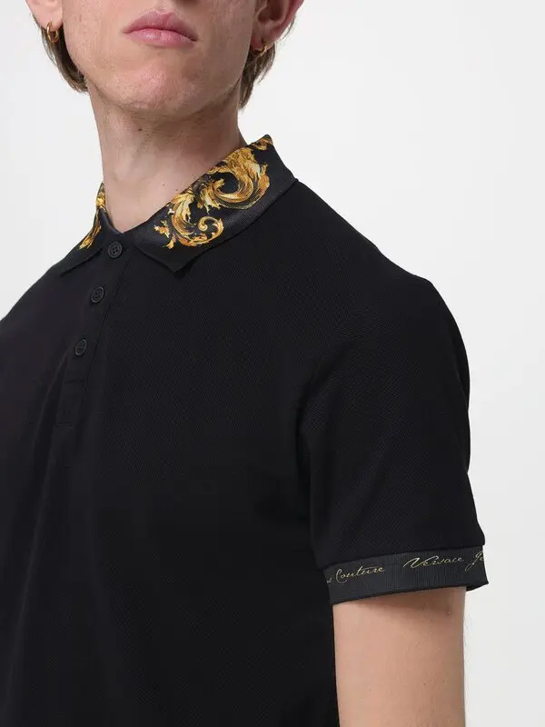 Versace Cotton Polo Shirt With Baroque Print Collar - Black