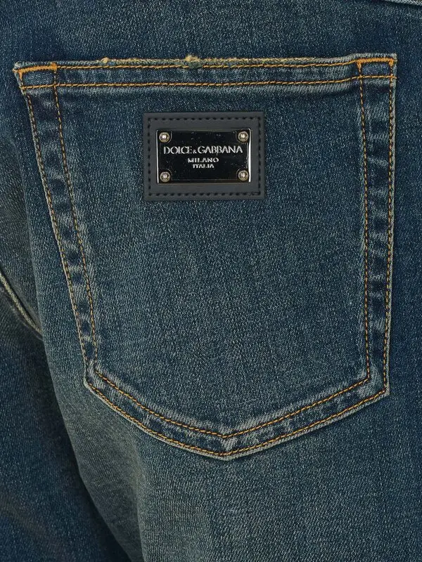 Dolce & Gabbana Straight Fit Cotton Denim Jeans With Rear Logo Plaque - Blue