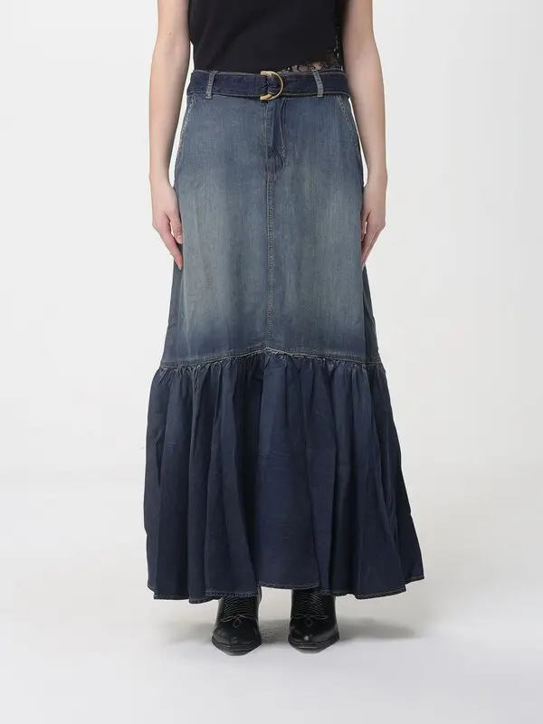 Pinko Denim Maxi Skirt With Tiered Ruffle Hem