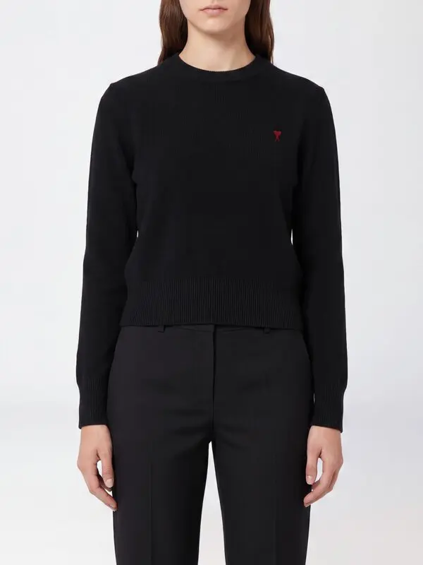 AMI Paris Wool Crew Neck Sweater With Embroidered Logo - Black