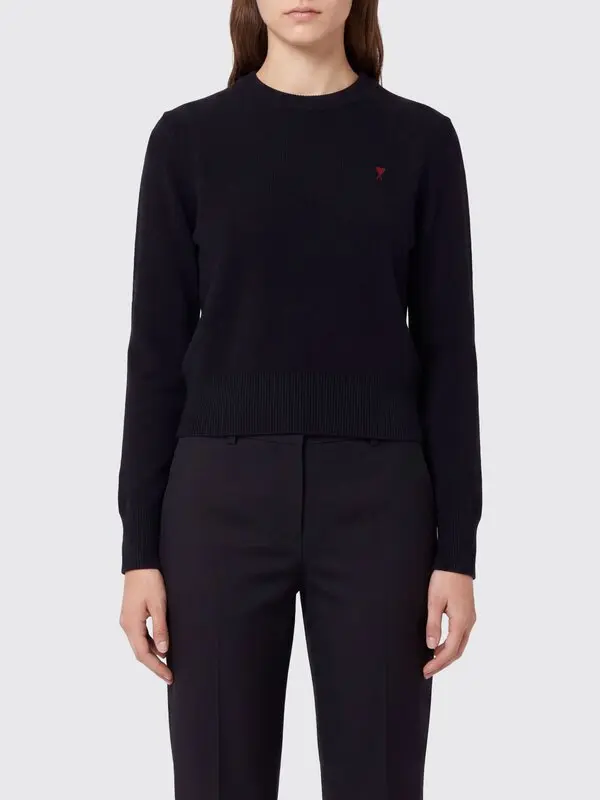 AMI Paris Wool Crew Neck Sweater With Embroidered Logo - Navy