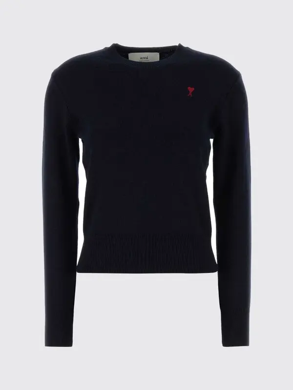 AMI Paris Wool Crew Neck Sweater With Embroidered Logo - Navy