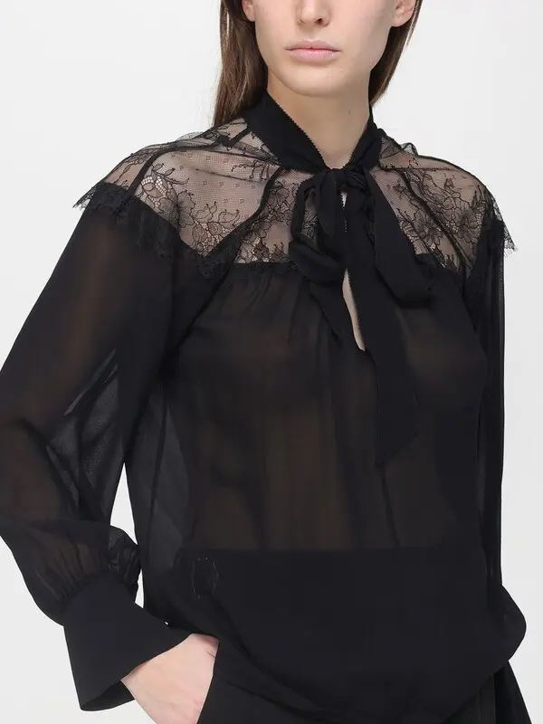 Patrizia Pepe Chiffon Blouse With Lace Inserts - Black