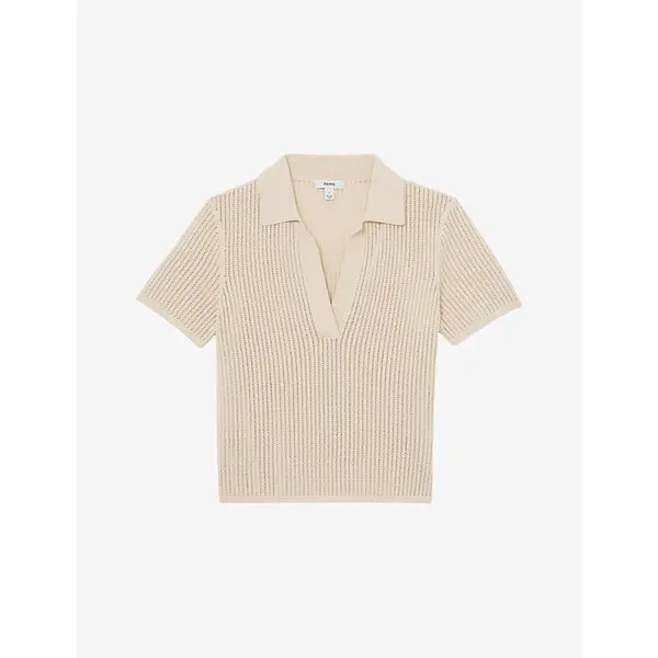 REISS Pippa Open-stitch Woven Polo Shirt - Ivory