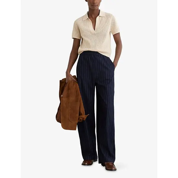 REISS Pippa Open-stitch Woven Polo Shirt - Ivory