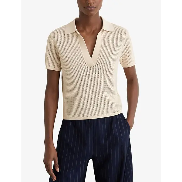 REISS Pippa Open-stitch Woven Polo Shirt - Ivory