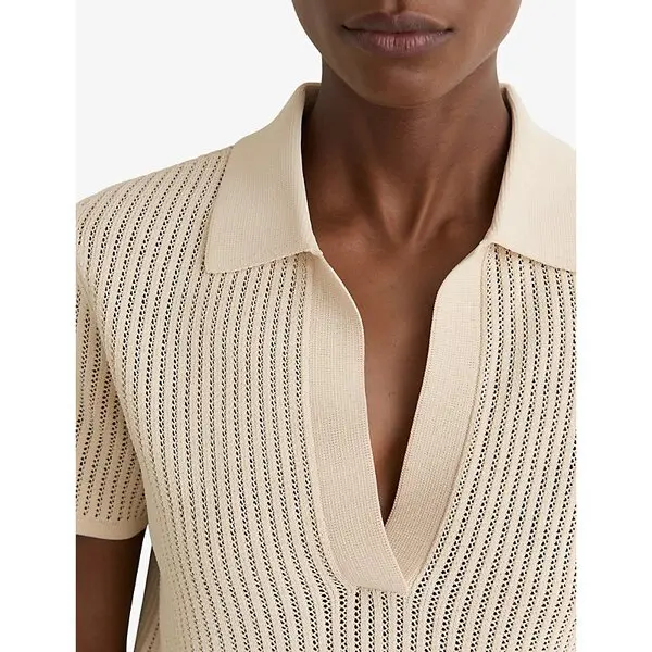 REISS Pippa Open-stitch Woven Polo Shirt - Ivory