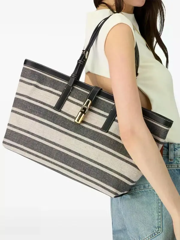 Furla Debby Canvas Tote Bag With Striped Print And Leather Details - Blue