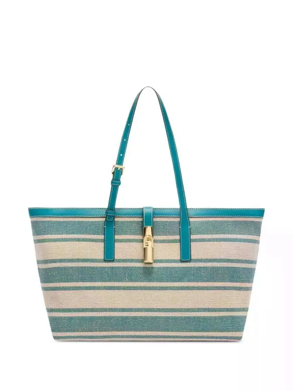 Furla Debby Canvas Striped Tote Bag With Leather Details - Blue